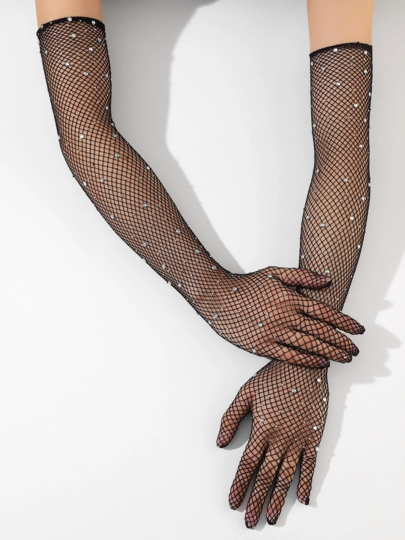 9325 1a-093 Guantes largos de rejilla con decoración de diamantes de i ...